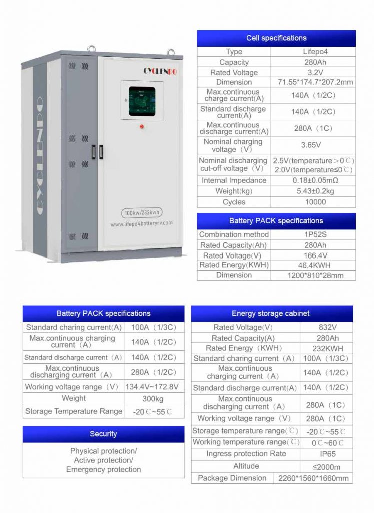 Commmercial Eenergy Storage System 100KW 232kw battery